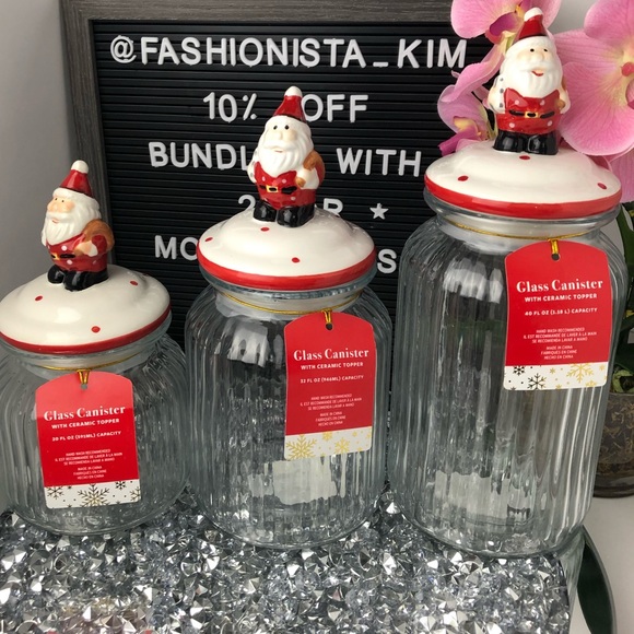 Kitchen | New Santa Claus Glass Jar Canister Set Of 3 With Ceramic Lid ...
